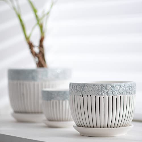 Grey Flower Pots,Texture Planter for Indoor Plants Set of 3 Ceramic ...