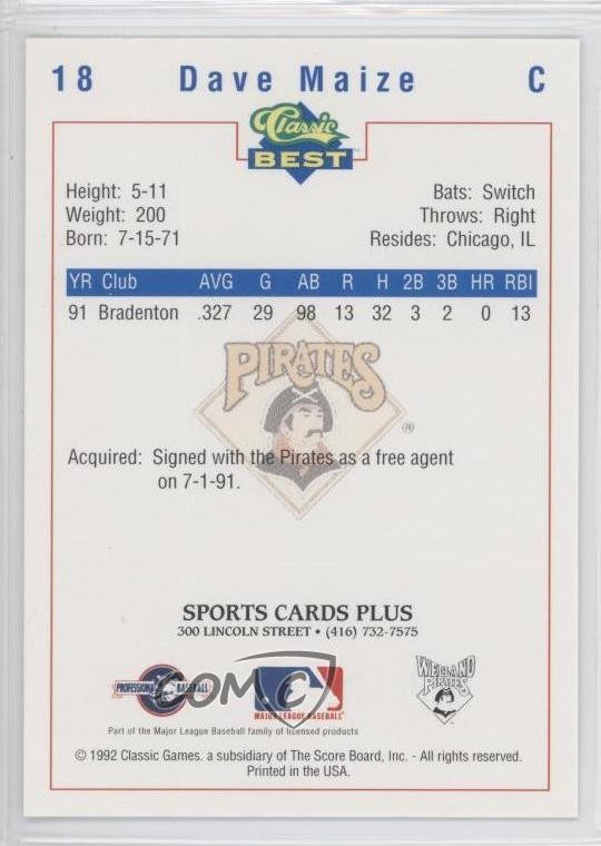 1992 Classic Best Welland Pirates David Maize #18 | eBay