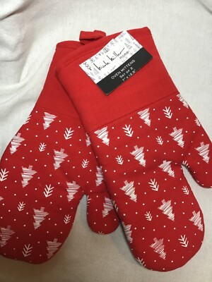 NICOLE MILLER HOME OVEN MITTS (2) RED WHITE TREES 7 X 12.5 100% COTTON ...