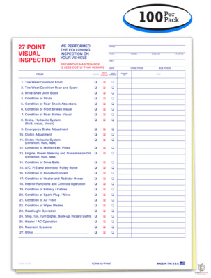 27 POINT VISUAL INSPECTION CAR SHEET 2 PART FORM #27 POINT 100 PER PACK ...
