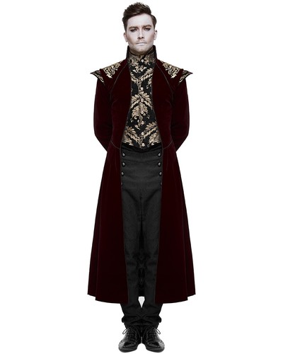 Devil Fashion Mens Long Gothic Coat Jacket Red Velvet Black Gold Damask ...