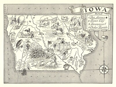 1950s Vintage Iowa State Map Animated Iowa Picture Map Wall Decor BW ...