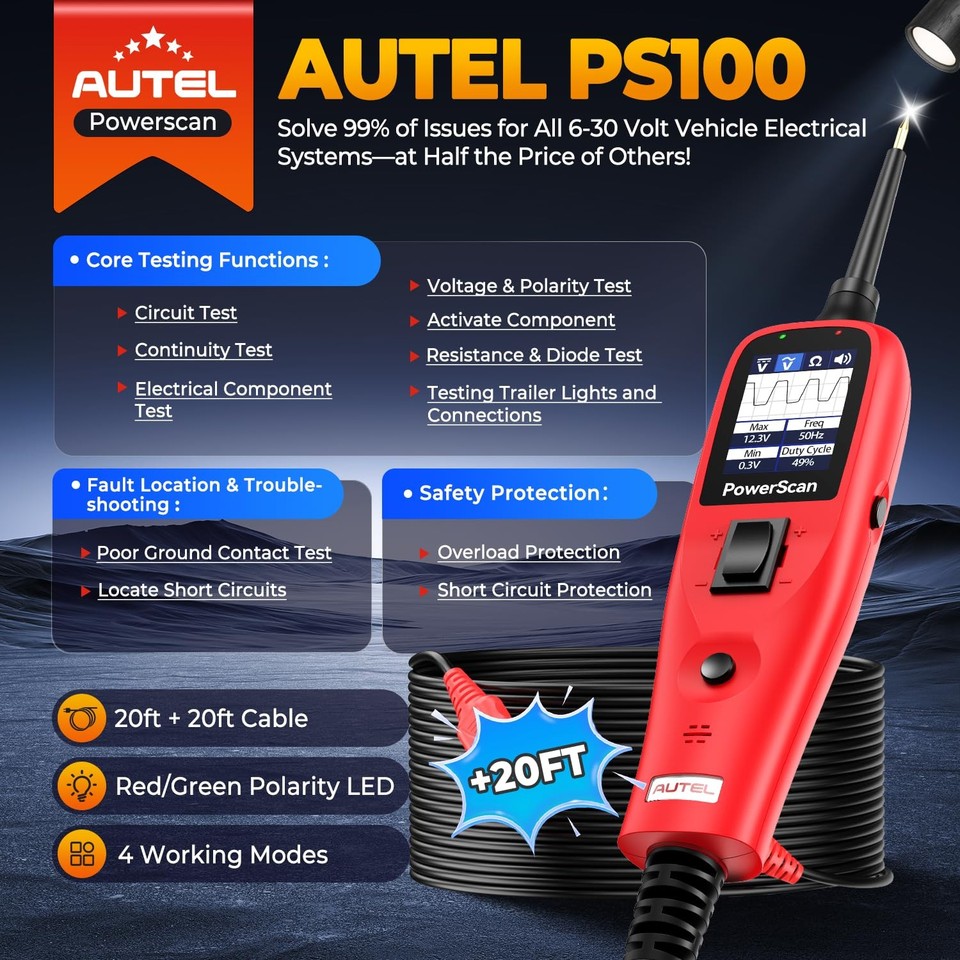 Autel PowerScan PS100 Automotive Circuit Tester 2.0, 12-24V Power ...