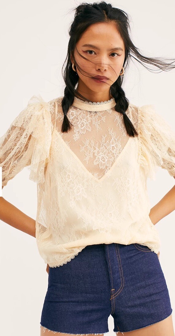 Free People Sheer Lace Romantic Cream Blouse Small - Gem