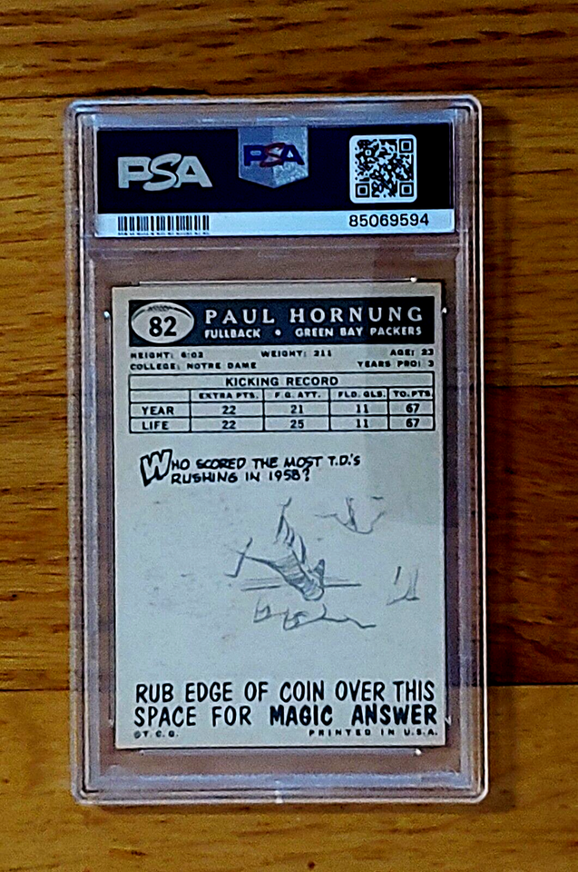 NFL 1959 TOPPS PACKERS PAUL HORNUNG HOF #82 PSA 6 EX-MT FRESHLY GRADED ...