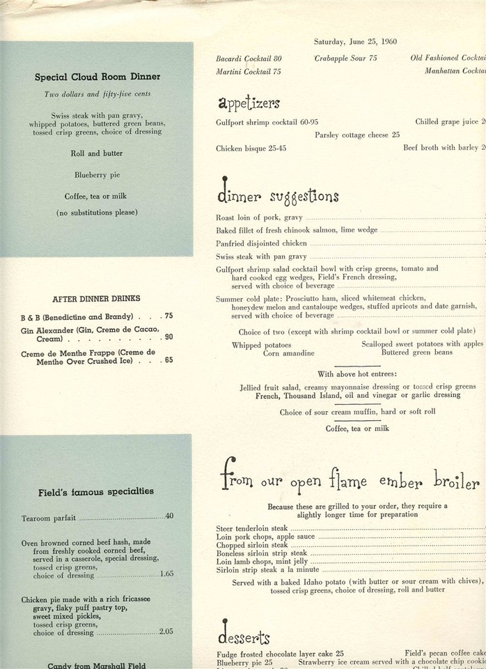 Cloud Room Menu Marshall Fields Dept Store Midway Airport Chicago ...