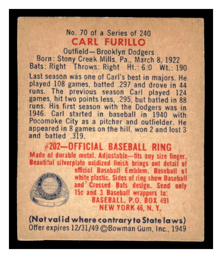 1949 Bowman Baseball #70 Carl Furillo 127E-02 | eBay