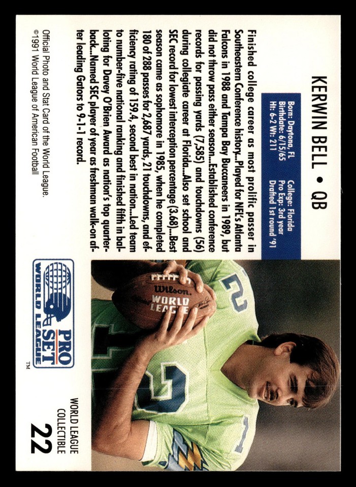Kerwin Bell 1991 Pro Set ROOKIE RC #22 Orlando Thunder FOOTBALL *237 | eBay