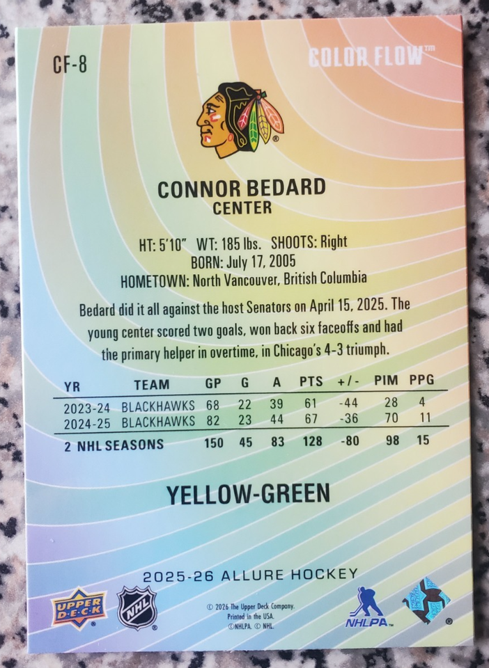 2025-26 Upper Deck Allure Color Flow Yellow Green #CF8 Connor Bedard | eBay