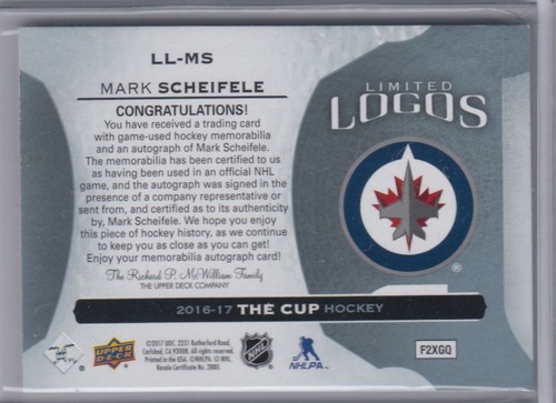 2016-17 The Cup Limited Logos Patch Autograph Mark Scheifele Auto 06/50 ...