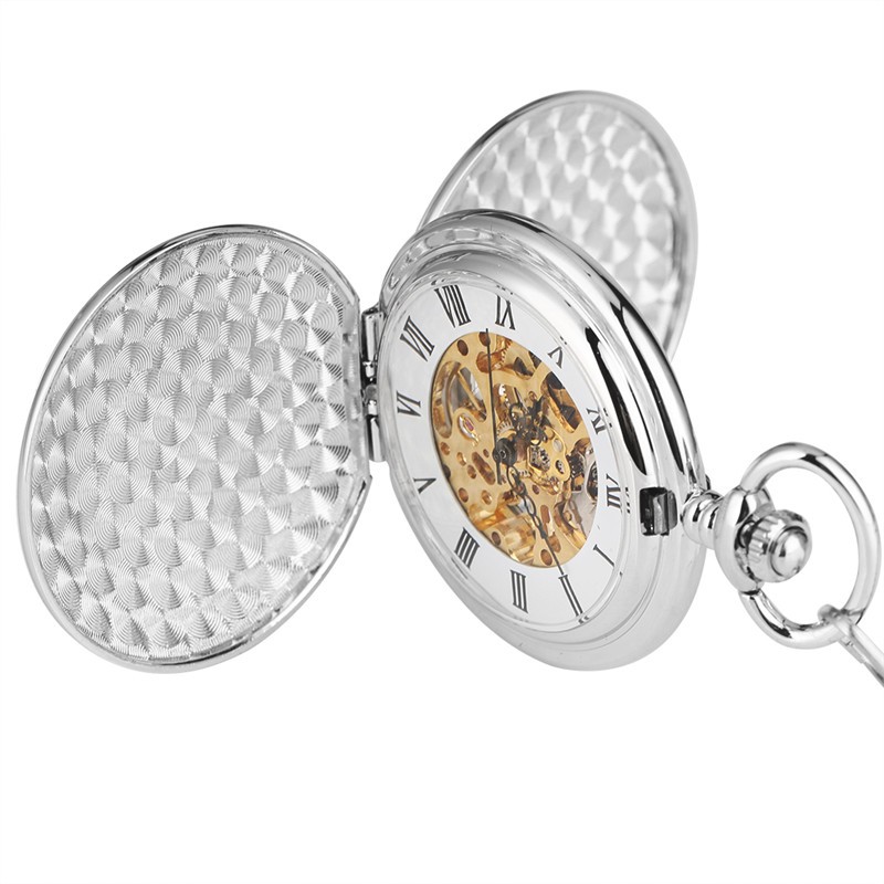 Silver Smooth Mechanical Double Full Hunter Skeleton Pocket Watch Mens ...