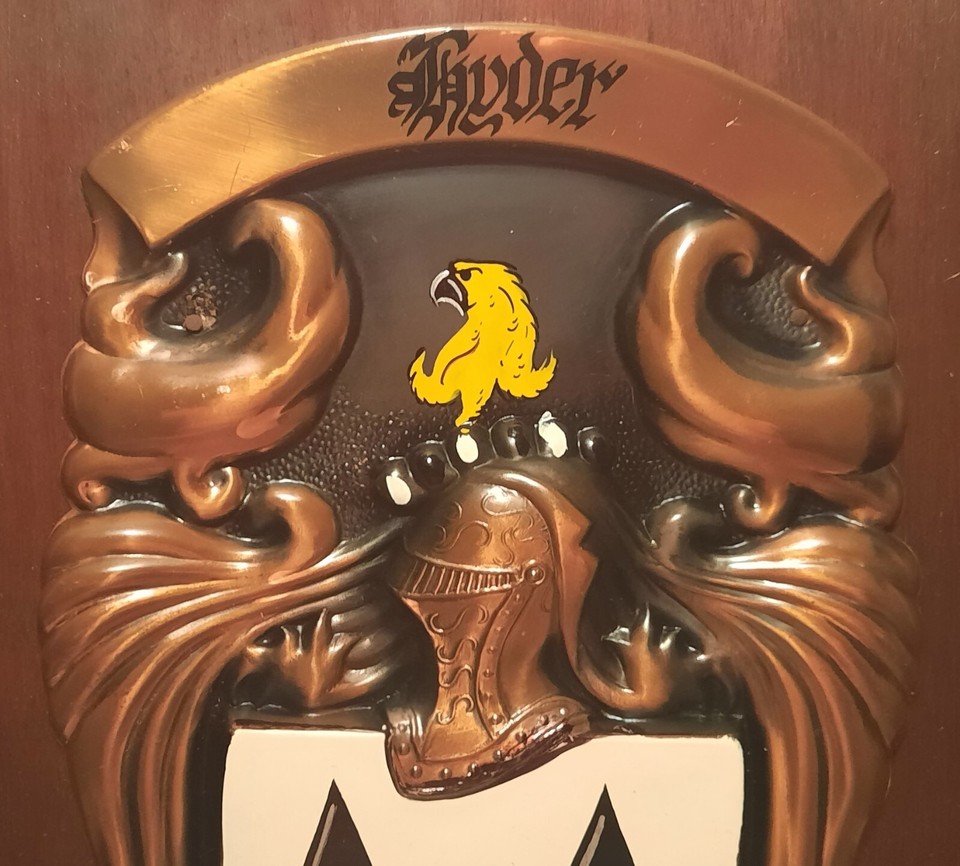 HYDER vtg family crest coat of arms black diamond shield medieval ...
