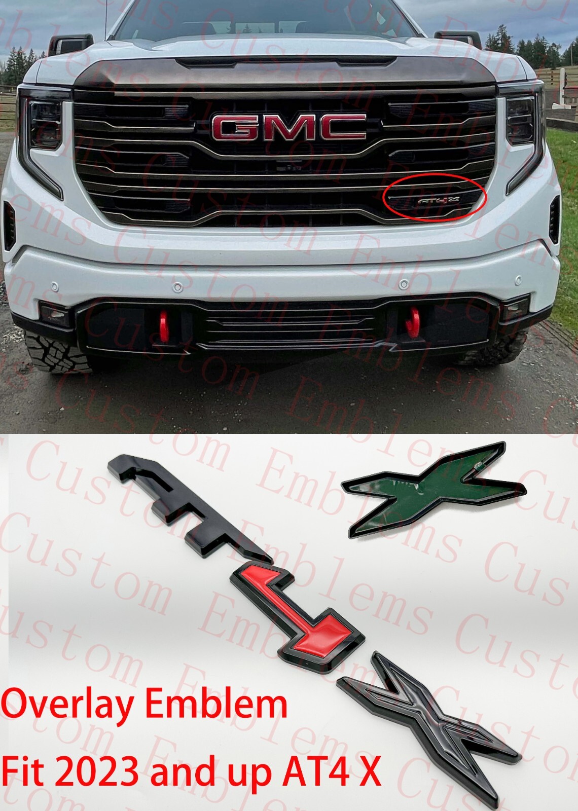 Front Grill Gloss Black Red AT4X OVERLAY Emblem 2023+ GMC Sierra 1500 ...