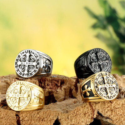 Men's St Benedict Exorcism Ring Stainless Steel Catholic Cross Demon ...