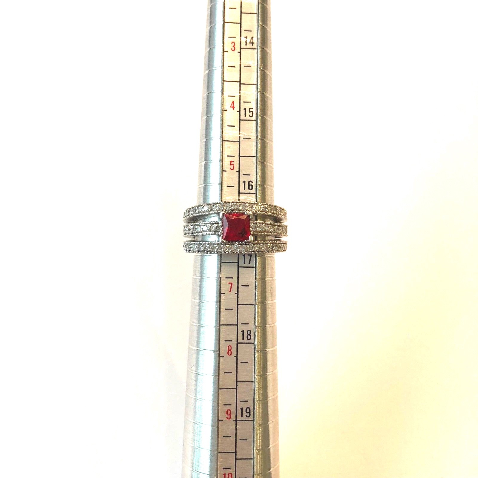 Ladies Cherry Red Square Ring Stacked 3 Row Diamond Ring 14k White Gold ...