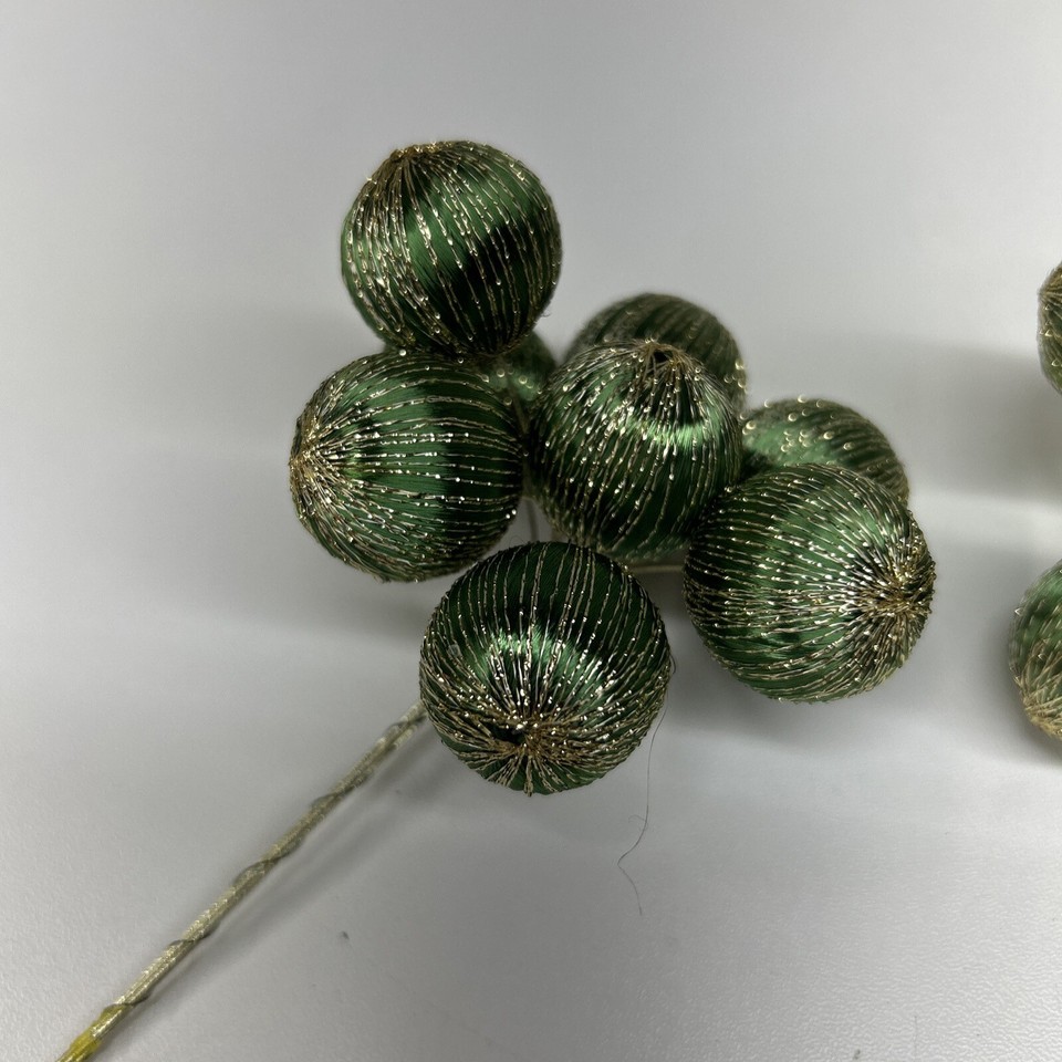 Vtg Christmas Silk Spun Ball Ornament Wired Sprays Pick Clusters Green ...