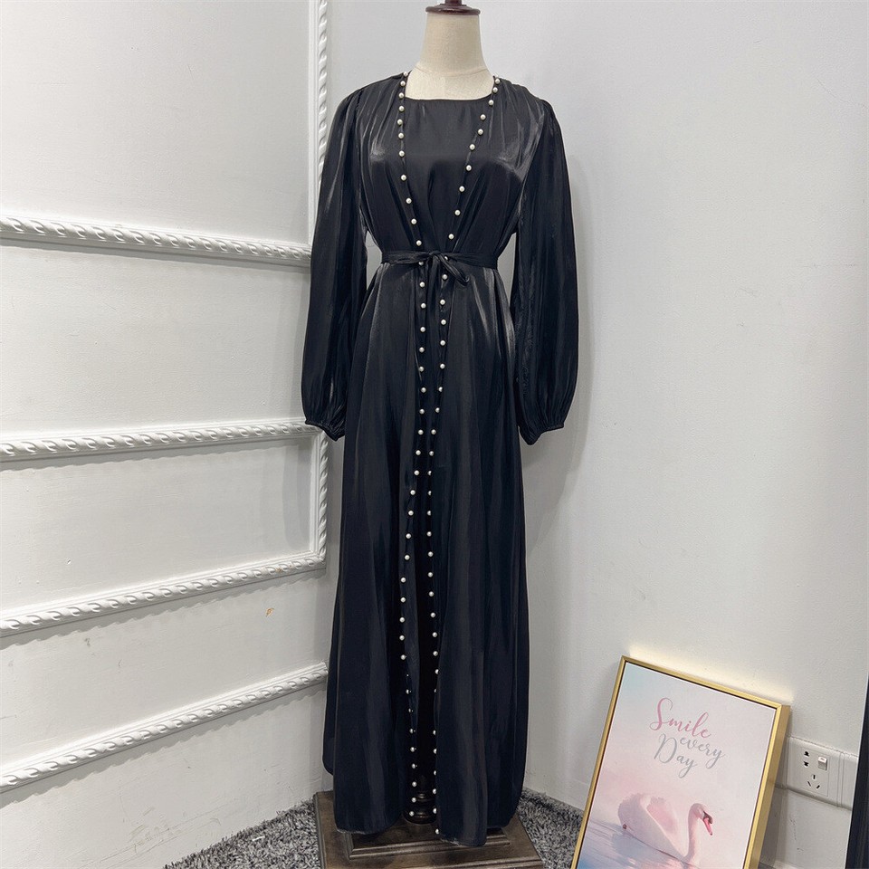 Open Cardigan Women Muslim Satin Abaya Dress Two Piece Set Modest Robe ...