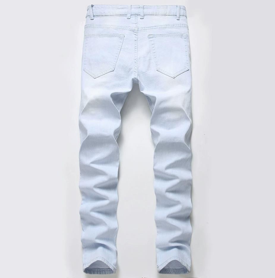 Men's Light Blue Denim Jeans Stretch Ripped Straight Leg Punk Pants Hip ...