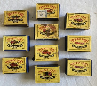 Ten Vintage Moko Lesney Matchbox Empty Boxes: #'s 2,7,13,21,26,30,35,40 ...