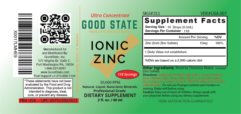 Ultra Concentrate Liquid Ionic Zinc 2 fl oz Glass Bottle by Good State ...