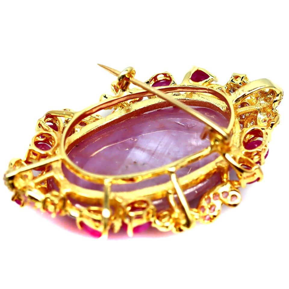 Gemstone 22x38 MM. Pink - Red Ruby, Sapphire, Zircon Brooch 925 ...