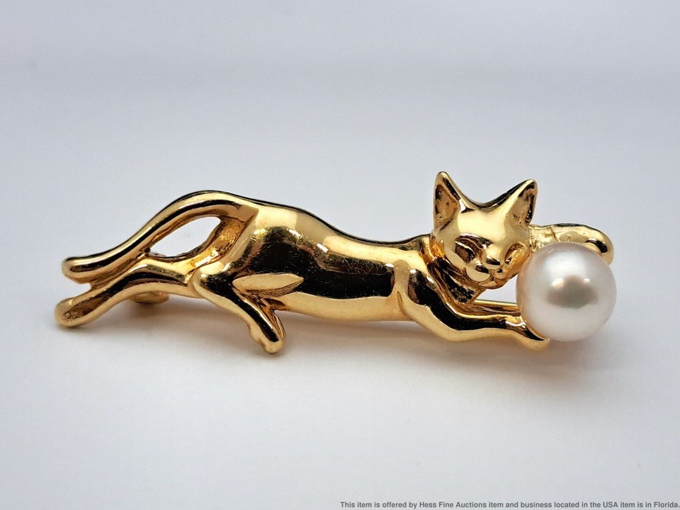 Peter Brams Designs 14k Gold Genuine Cultured Pearl Kitty Cat Kitten ...