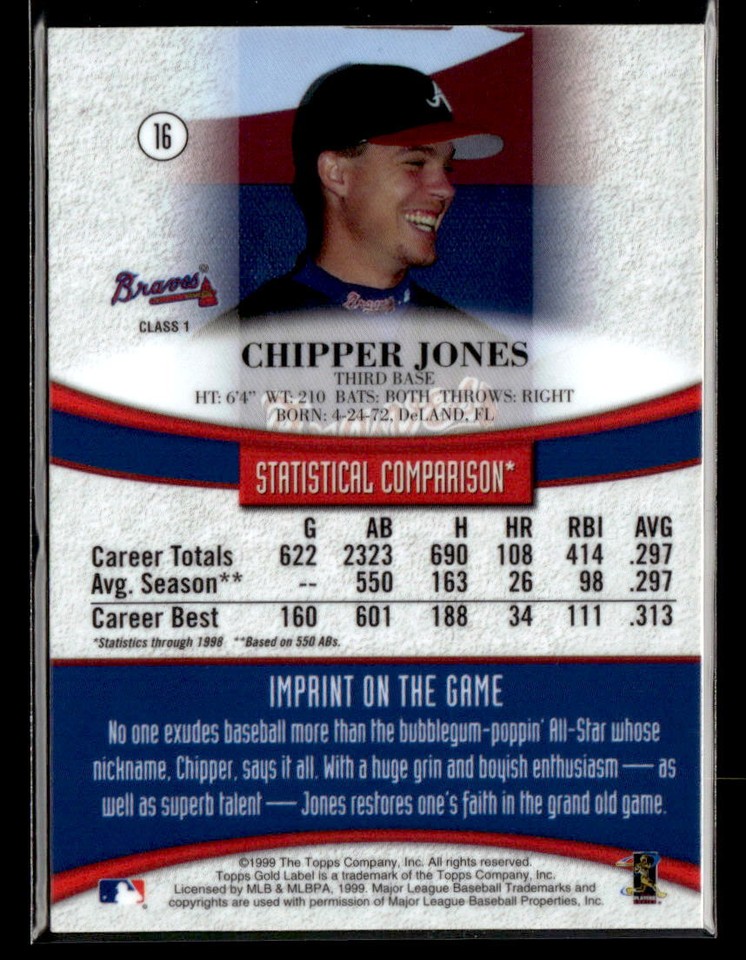 1999 Topps Gold Label #16 Chipper Jones Class 1 Base | eBay