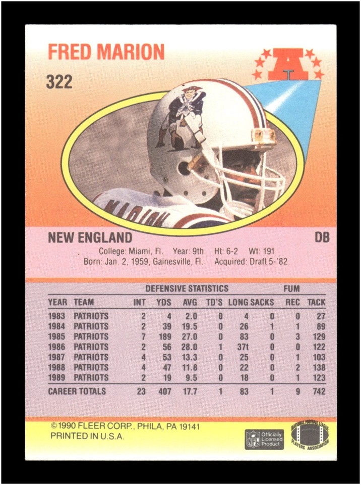 Fred Marion 1990 Fleer New England Patriots Football Card #322 | eBay