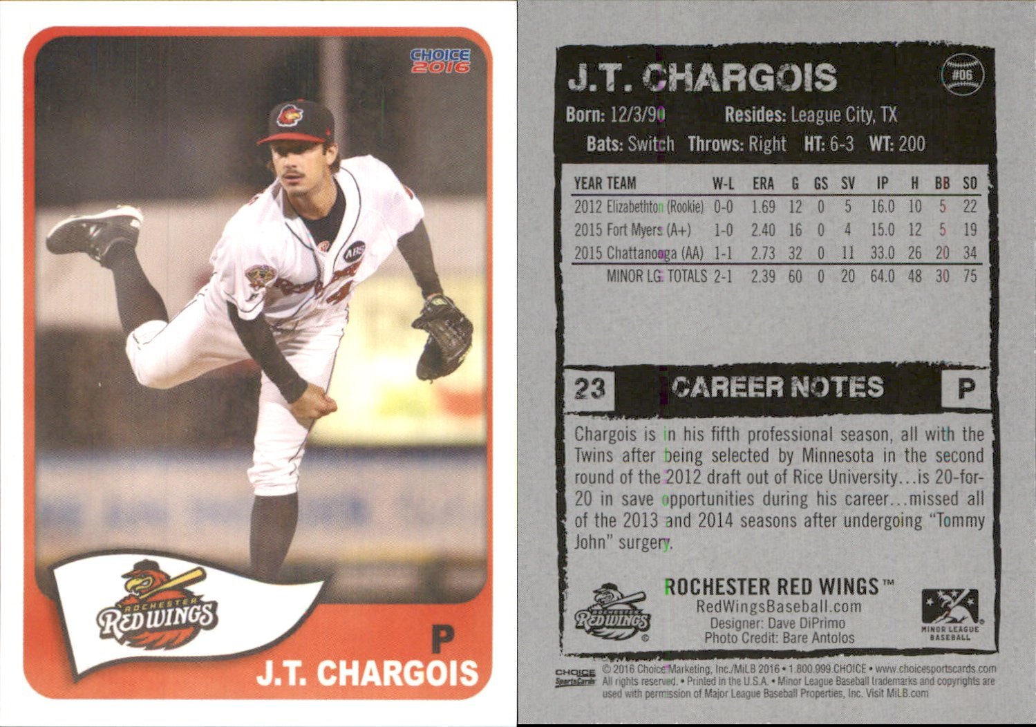 J.T. Chargois 2016 Choice Rochester Red Wings #06 RC Card Seattle ...