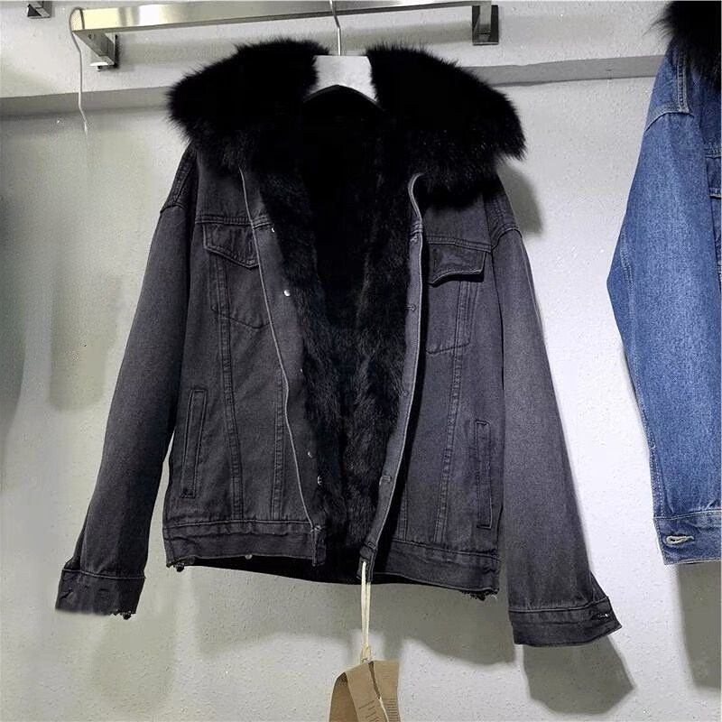 Lady Faux Fur Lined Denim Jacket Warm Coat Thick Fluffy Furry Collar ...