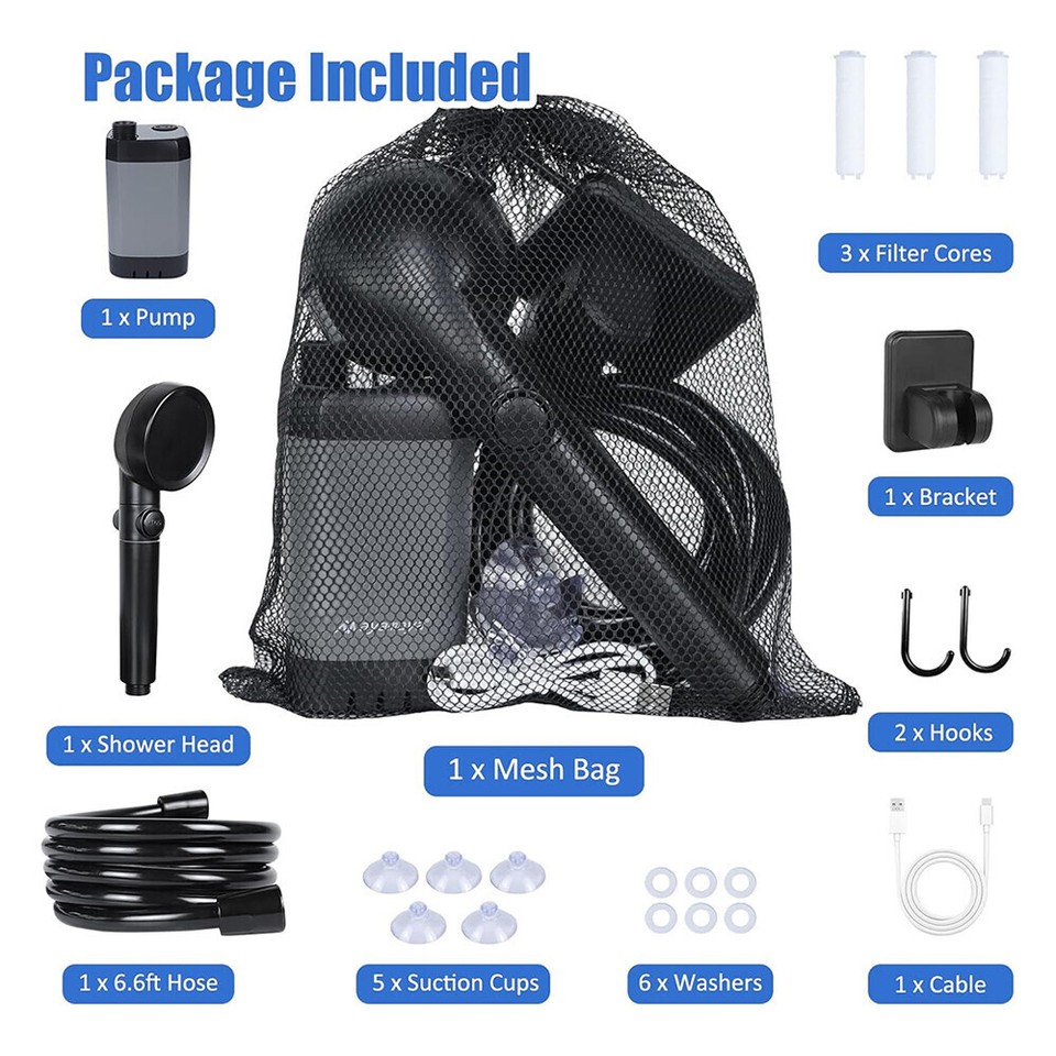 Portable Camping Shower Filter Pump Head Rechargeable for Travel Hiking ...