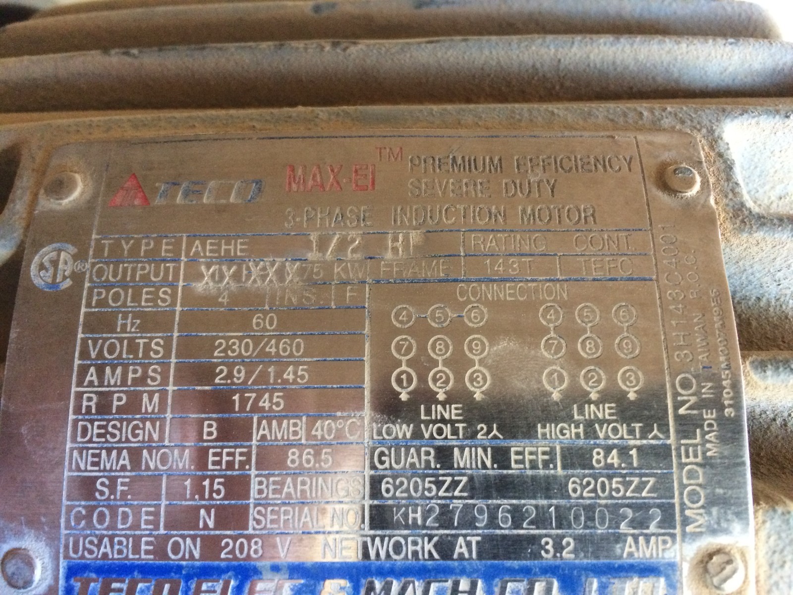 TECO Max E1 Nema Inverter Duty Motor 1/2 HP, 1745 RPM, 230/460V - 143T ...