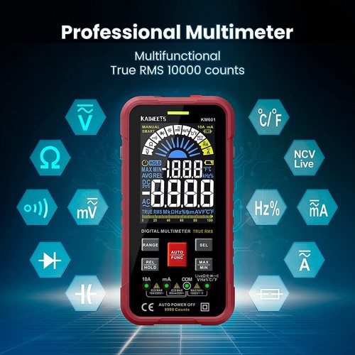 KM601 Red Smart Digital Multimeter 10000 Counts Auto/Manual Dual ...