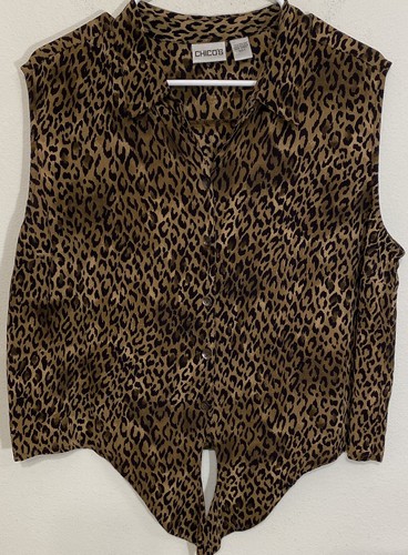 CHICOS Shirt Womens Sz 3 Animal Cheetah Print Sleeveless Button Up ...