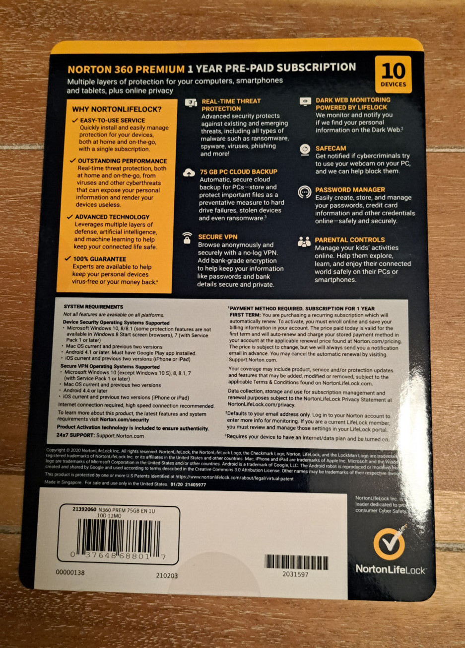NORTON 360 PREMIUM 10 DEVICES 2024 Internet Security Key Card New Ship ...