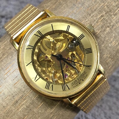Jean Pierre Men Skeleton Swiss Made Gold Tone Expansion Mechanical Wind ...