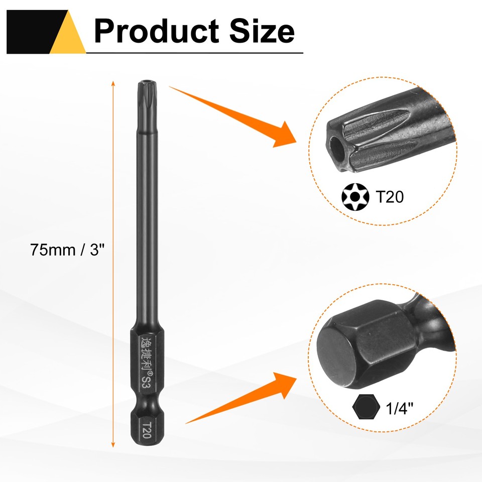 10pcs T20 Magnetic Torx Screwdriver Bits 1/4" Hex Shank 75mm Length ...
