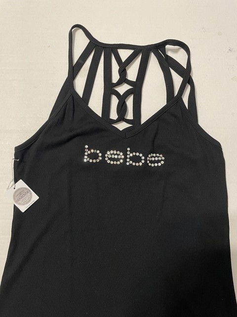 Bebe Ribbed Rhinestone Bling Logo Tank Top Stretchy Jet Black Size ...