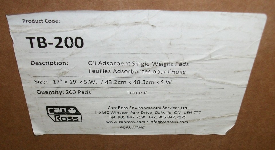 CAN-ROSS ENVIRONMENTAL TB-200 OIL ABSORBENT SPILL PADS 17" X 19" SINGLE ...