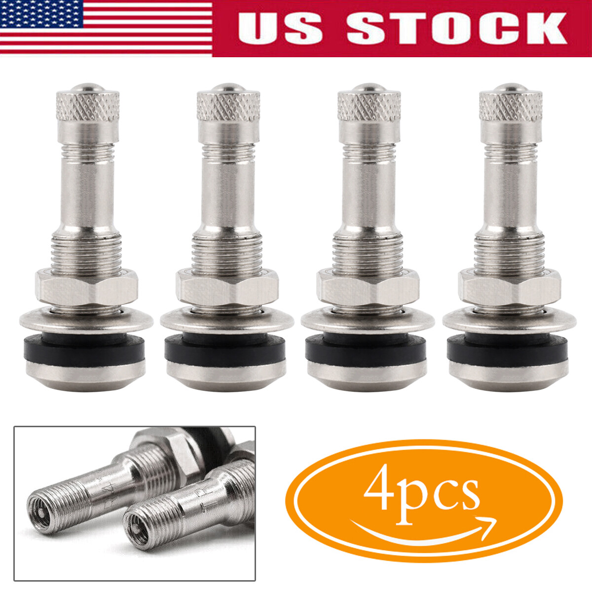 4Pcs CHROME METAL BOLT IN VALVE STEMS .453 & .625 VALVE HOLES 1.5" LONG ...