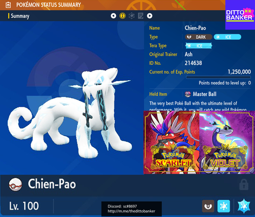 Pokemon Scarlet/Violet CHIEN-PAO Lv.100 Ice Tera EV Max Adamant 6IV w ...