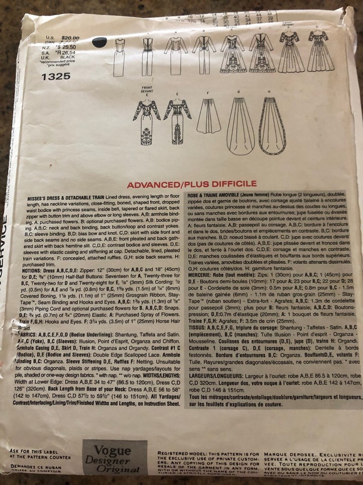 🌷VOGUE BRIDAL ORIGINAL 1325-LADIES (8 STYLE) BRIDAL GOWN w/TRAIN ...