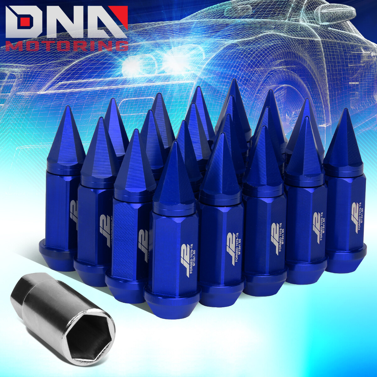 J2 ENGINEERING BLUE 20PCS M12X1.5 75MM 7075-T6 ALUMINUM SPIKY CAP LUG ...