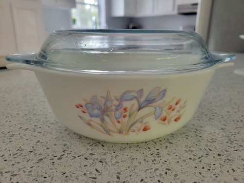 Vintage PYREX England Blue Iris White Ceramic Casserole Serving Dish ...