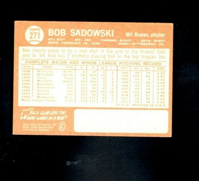 25903* 1964 Topps # 271 Bob Sadowski | eBay