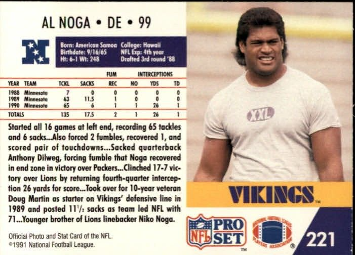 1991 PRO SET Football - AL NOGA, Minnesota Vikings/Defensive End - Card ...