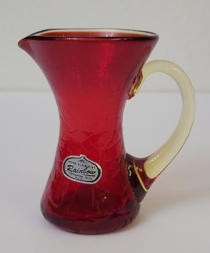 Hand Blown Mini Red Pitcher w/Amber Colored Handle Rainbow Hunington W ...