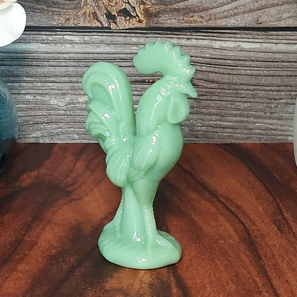 Green Jadeite Glass Depression Style Rooster Chicken Figurine, Vintage ...