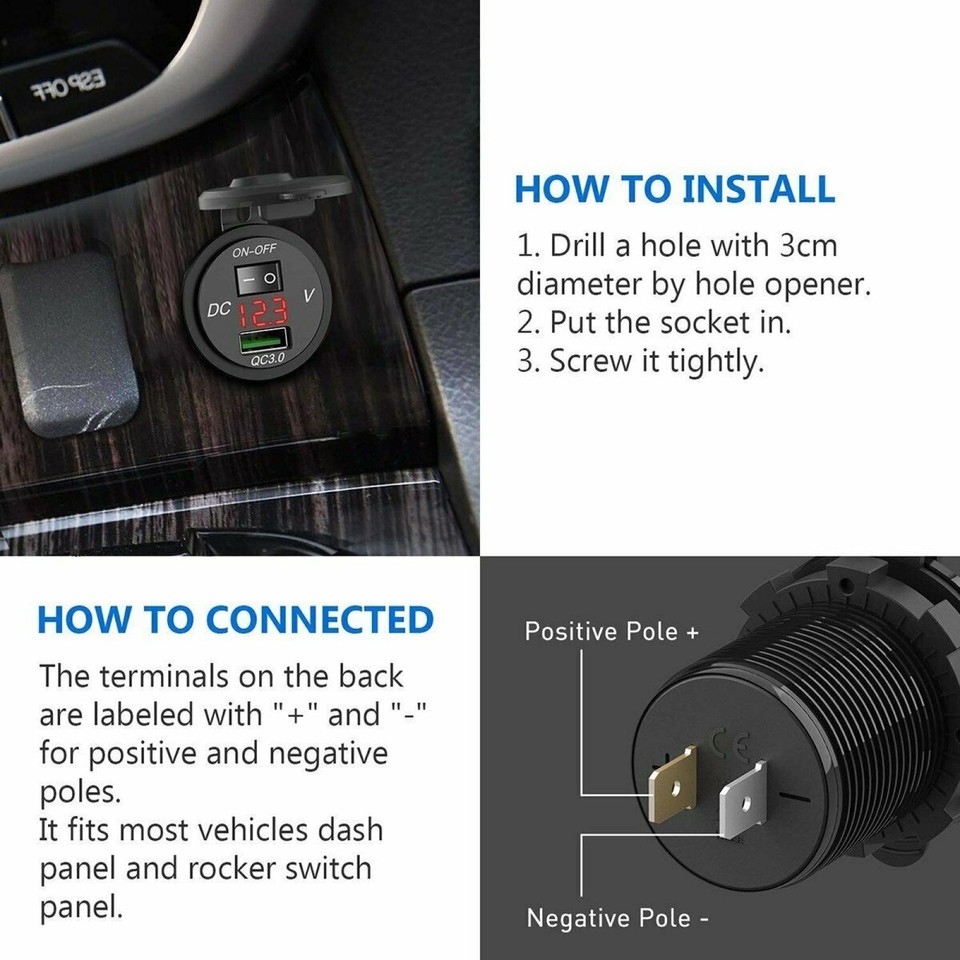 Red LED USB Fast Charging Charger Socket Adapter w/ QC3.0 Port For Car ...