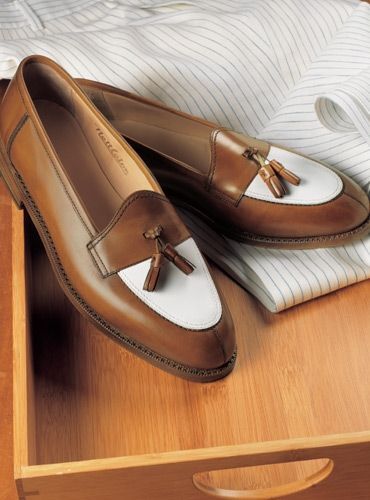 Handmade Men’s Genuine Brown and White Leather Loafer Moccasin Tassels ...